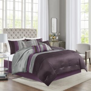 madison park amherst faux silk comforter set-casual contemporary design all season down alternative bedding, matching shams, bedskirt, decorative pillows, king(104"x92"), purple, 7 piece (mp10-127)