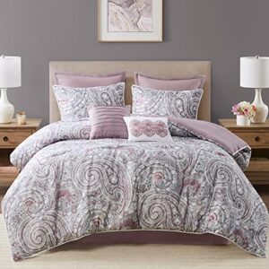 comfort spaces cozy comforter set-modern classic design all season down alternative bedding, matching shams, bedskirt, decorative pillows, queen, kashmir paisley purple 8 piece