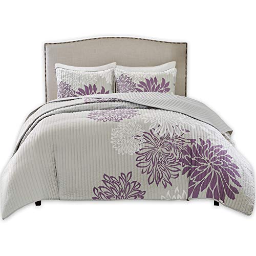 Comfort Spaces Enya Quilt Set - Casual Floral Print Channel Stitching Design, All Season, Lightweight Coverlet, Cozy Bedding, Matching Shams, Decorative Pillows, Full/Queen(90"x90"), Purple 3 Piece