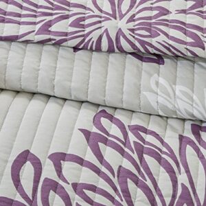 Comfort Spaces Enya Quilt Set - Casual Floral Print Channel Stitching Design, All Season, Lightweight Coverlet, Cozy Bedding, Matching Shams, Decorative Pillows, Full/Queen(90"x90"), Purple 3 Piece