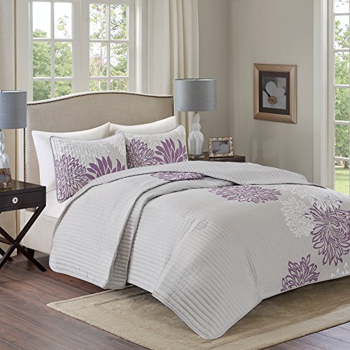 Comfort Spaces Enya Quilt Set - Casual Floral Print Channel Stitching Design, All Season, Lightweight Coverlet, Cozy Bedding, Matching Shams, Decorative Pillows, Full/Queen(90"x90"), Purple 3 Piece