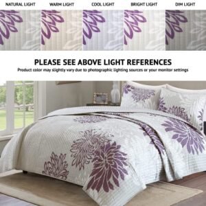 Comfort Spaces Enya Quilt Set - Casual Floral Print Channel Stitching Design, All Season, Lightweight Coverlet, Cozy Bedding, Matching Shams, Decorative Pillows, Full/Queen(90"x90"), Purple 3 Piece