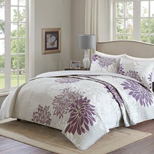 Comfort Spaces Enya Quilt Set - Casual Floral Print Channel Stitching Design, All Season, Lightweight Coverlet, Cozy Bedding, Matching Shams, Decorative Pillows, Full/Queen(90"x90"), Purple 3 Piece