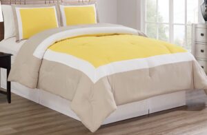 grand linen 3 piece yellow/light grey/white soft down alternative color block comforter set, king/cal king size microfiber bedding, includes 1 comforter and 2 shams