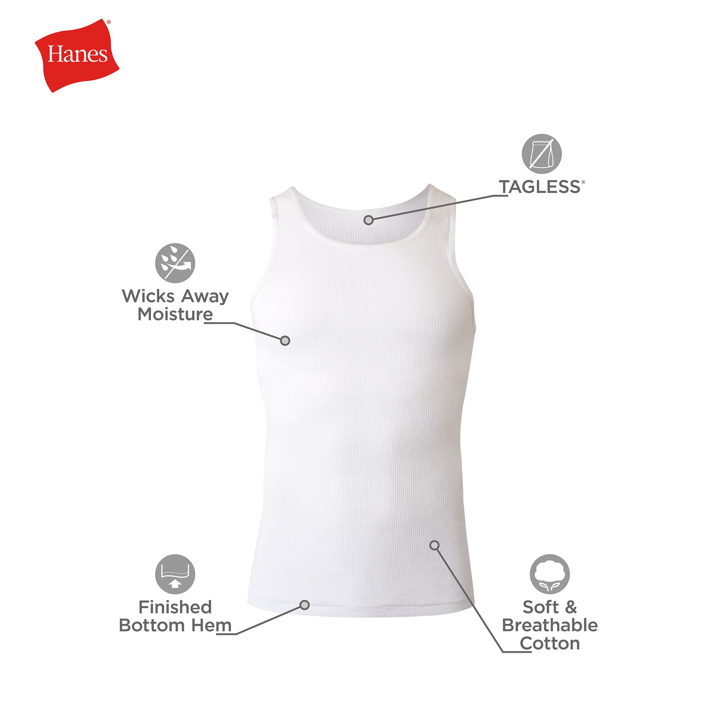 Hanes Men's Cotton Tank Undershirts Pack, Moisture-Wicking Ribbed Tanks, lightweight, White 6-pack, Medium