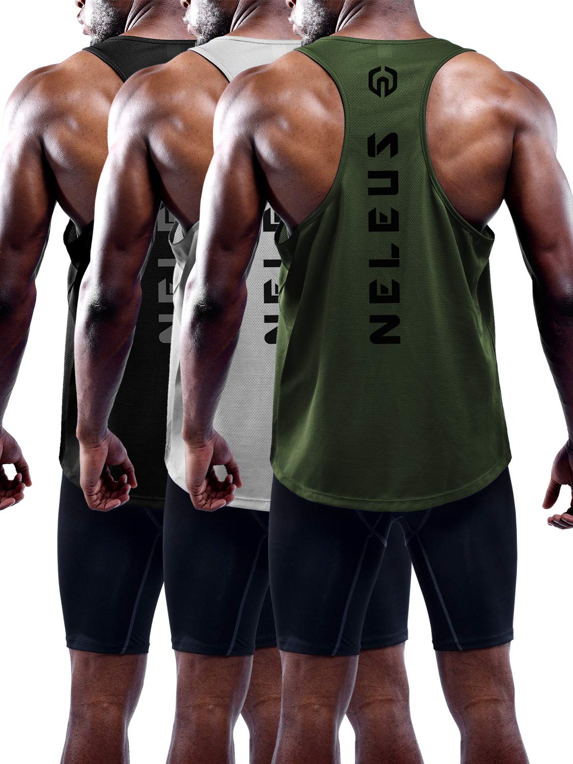 NELEUS Men's 3 Pack Dry Fit Workout GYM Muscle Tank Tops,5031,Black,grey,olive Green,XL,EU 2XL