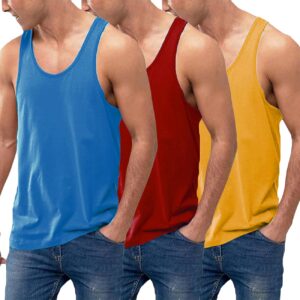 coofandy men's 3 pack tank tops cotton performance sleeveless casual classic t shirts (blue/red/yellow, large)