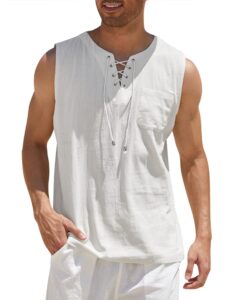 coofandy mens cotton linen tank top shirt casual lace up beach hippie yoga tops bohemian medieval renaissance pirate tunic, white, medium, sleeveless