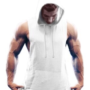 COOFANDY Men's Workout Hooded Tank Tops Bodybuilding Muscle Cut Off T Shirt Sleeveless Gym Hoodies White