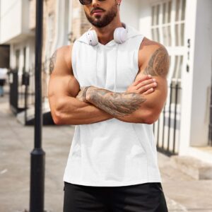 COOFANDY Men's Workout Hooded Tank Tops Bodybuilding Muscle Cut Off T Shirt Sleeveless Gym Hoodies White