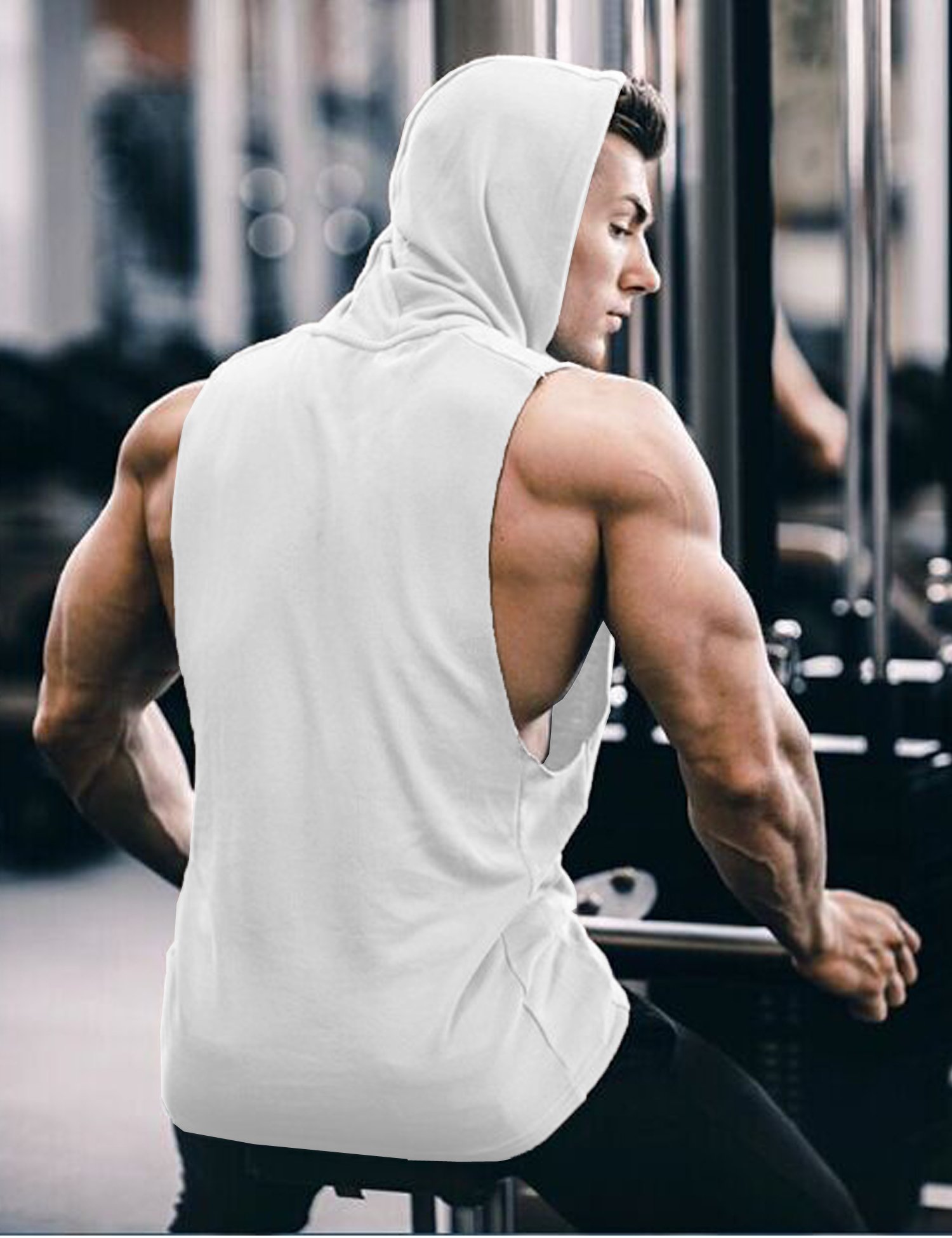 COOFANDY Men's Workout Hooded Tank Tops Bodybuilding Muscle Cut Off T Shirt Sleeveless Gym Hoodies White