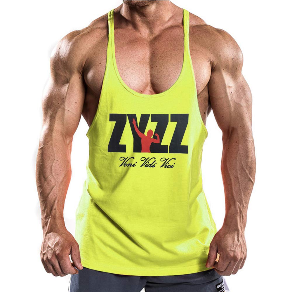 JEEING GEAR Alivegear Men's Stringer Training Bodybuilding Workout Gym Tank Tops Y Back Cotton Yellow M