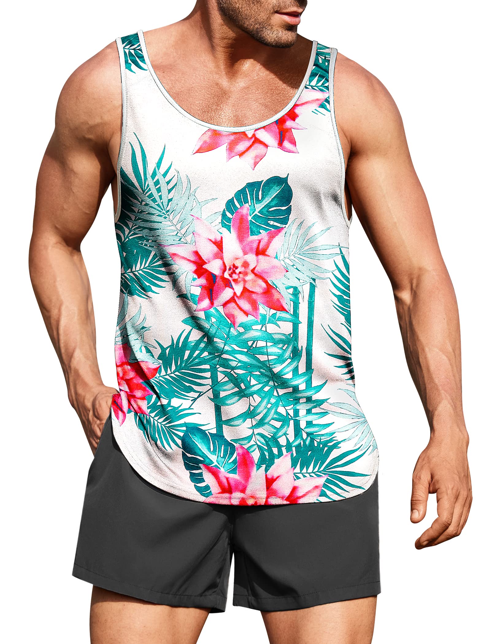 COOFANDY Men's Floral Tank Tops Sleeveless Tees All Over Print Casual Sport Loose Fit T-Shirts Hawaii Beach Tee Tops White M