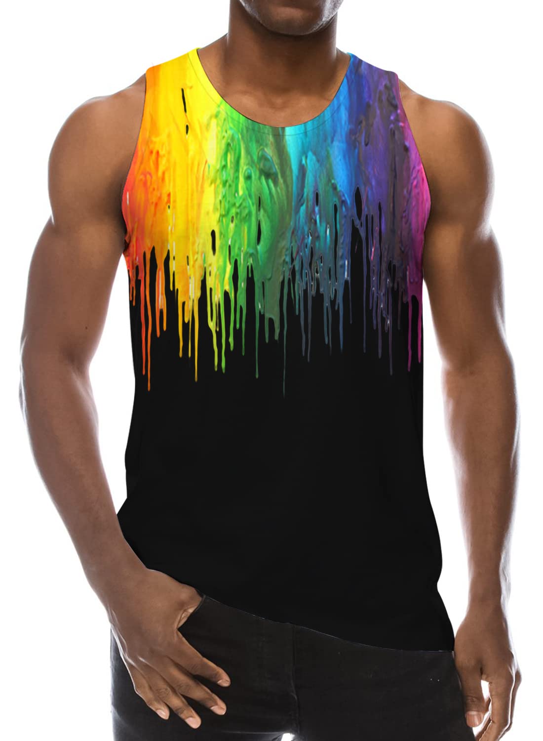 Loveternal Guys Rainbow Pride Tank Tops for Men Summer Novelty Outfits Youth Black Tank Tops Colorful Melting Graffic 3D Printed Workout Soft Quick Dry Underwear L