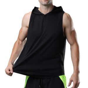 ROGUDUA Men's Hooded Tank Top Quick Dry Muscle Gym Shirts Workout Sleeveless Hoodie Black US Size M