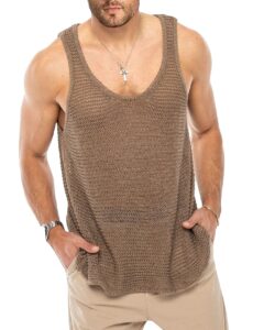 lanliun see through sleeveless tank tops for men casual unique workout outdoor t shirts gym muscle shirts brown