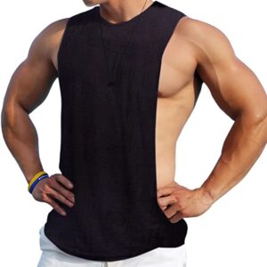 ychnaim men's sleeveless muscle stringer tank top cut open gym training bodybuilding vest shirts color black size xl