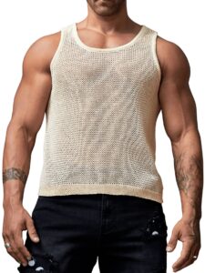 verdusa men's casual sleeveless round neck sheer knitted tank muscle top beige xl