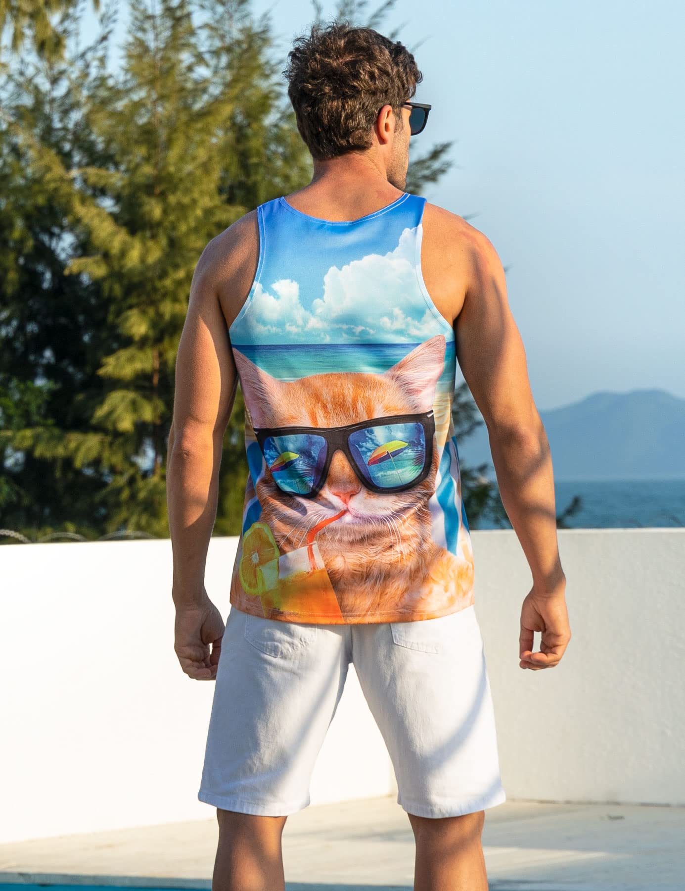 Goodstoworld Men Beach Tanks Tops 3D Printed Boys Fashion Sleeveless Shirts Juniors Hawaii Graphic 2022 Party Beach Glasses Cat T Shirt Tee