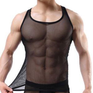 Ouye Men's Mesh See-through Tank Top Vest , Black, US L - (Tag Asian 3XL)