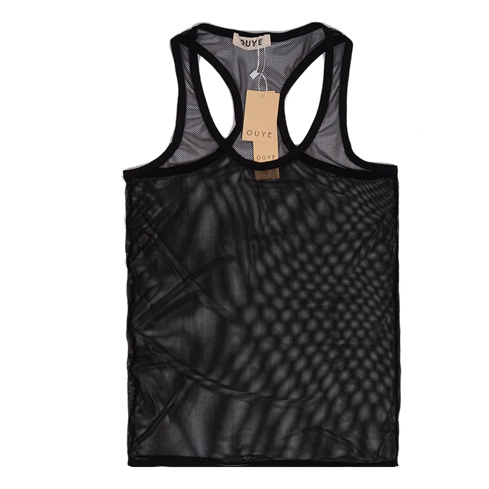 Ouye Men's Mesh See-through Tank Top Vest , Black, US L - (Tag Asian 3XL)