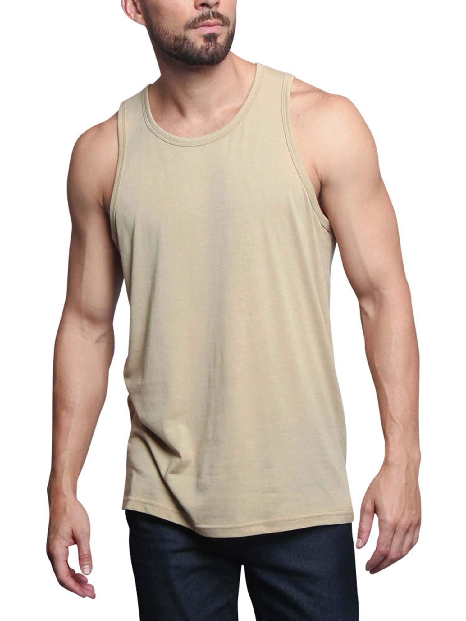 Men's Basic Essential Straight Hem Long Length Tank Top TT60-PL - Khaki - Medium - H11A