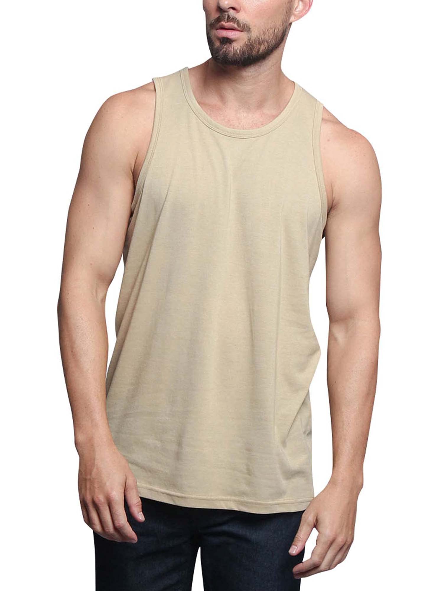 Men's Basic Essential Straight Hem Long Length Tank Top TT60-PL - Khaki - Medium - H11A