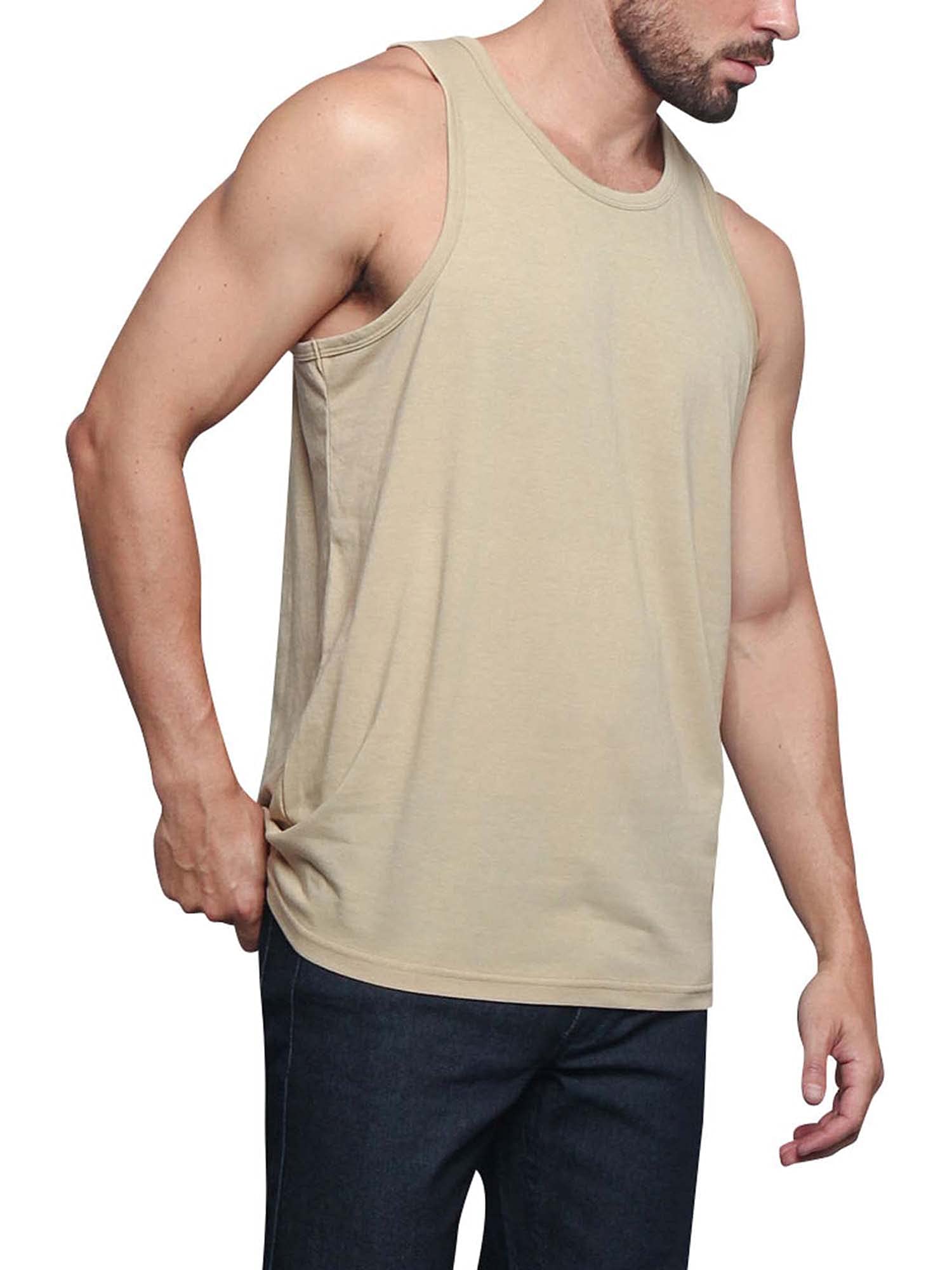 Men's Basic Essential Straight Hem Long Length Tank Top TT60-PL - Khaki - Medium - H11A