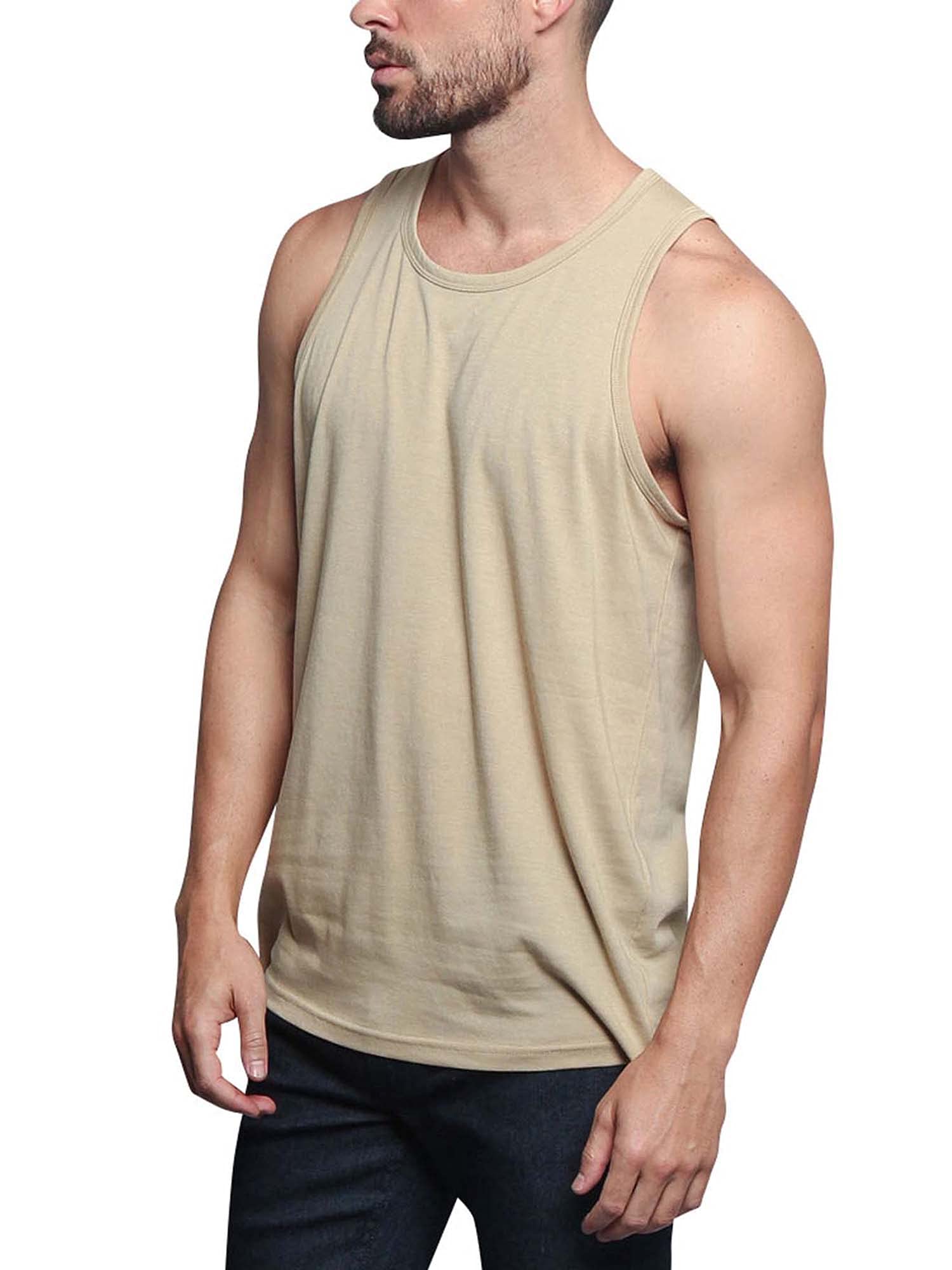 Men's Basic Essential Straight Hem Long Length Tank Top TT60-PL - Khaki - Medium - H11A