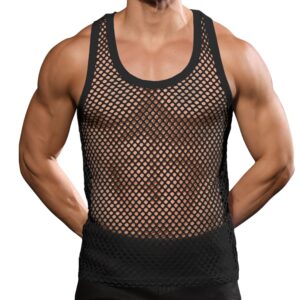 beotyshow mens mesh fishnet tank tops fitted sleeveless night club style muscle top summer workout beach shirts black