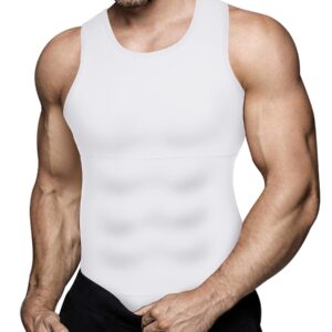 Mens Compression Shirt Workout Tank Tops Slimming Body Shaper Vest Abs Abdomen Undershirts (White, Small)