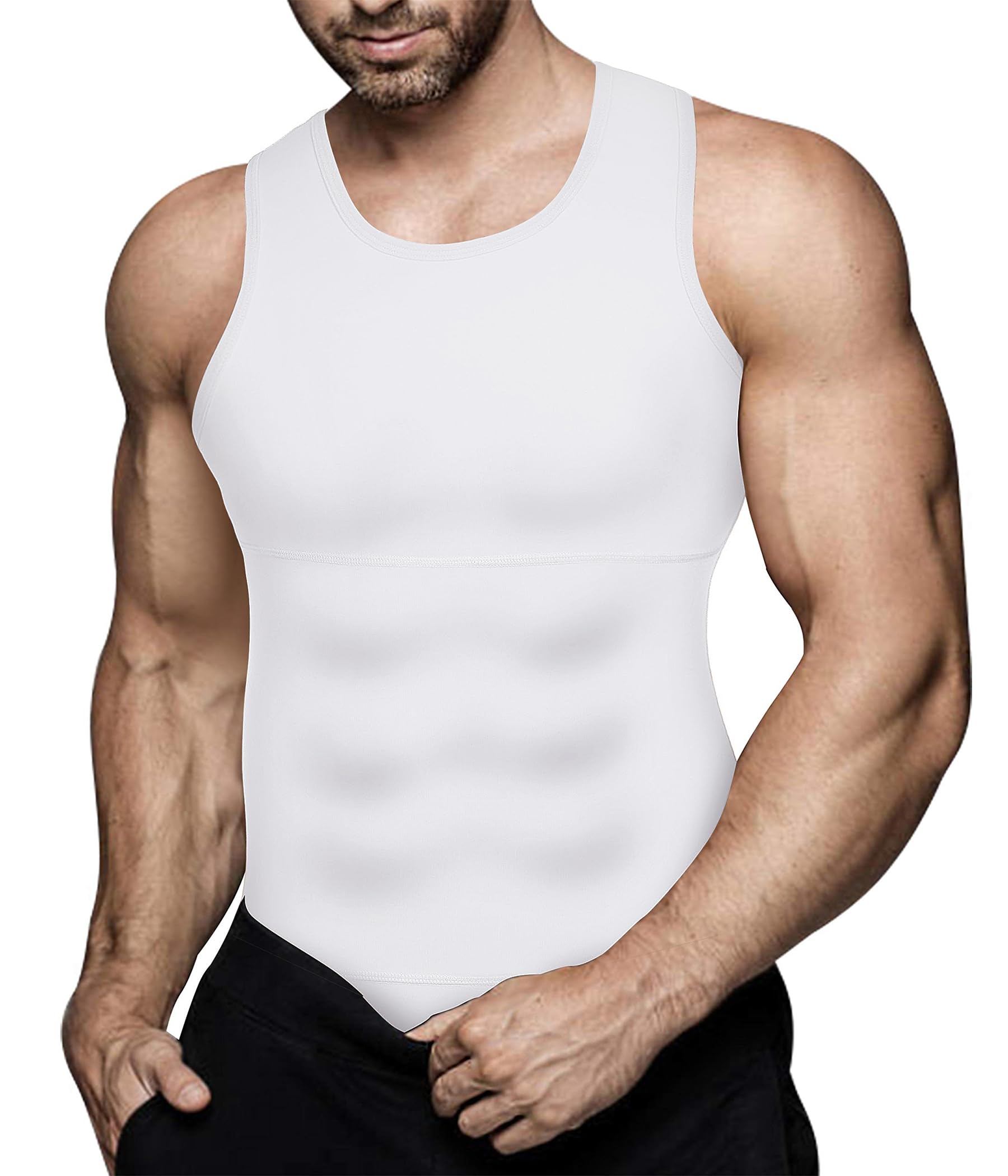 Mens Compression Shirt Workout Tank Tops Slimming Body Shaper Vest Abs Abdomen Undershirts (White, Small)