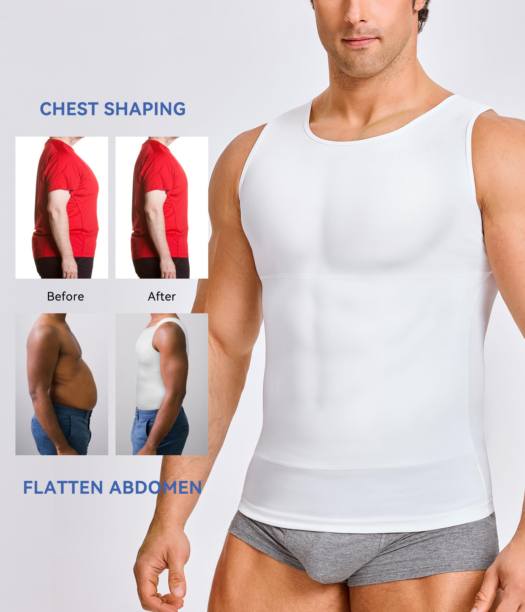 Mens Compression Shirt Workout Tank Tops Slimming Body Shaper Vest Abs Abdomen Undershirts (White, Small)