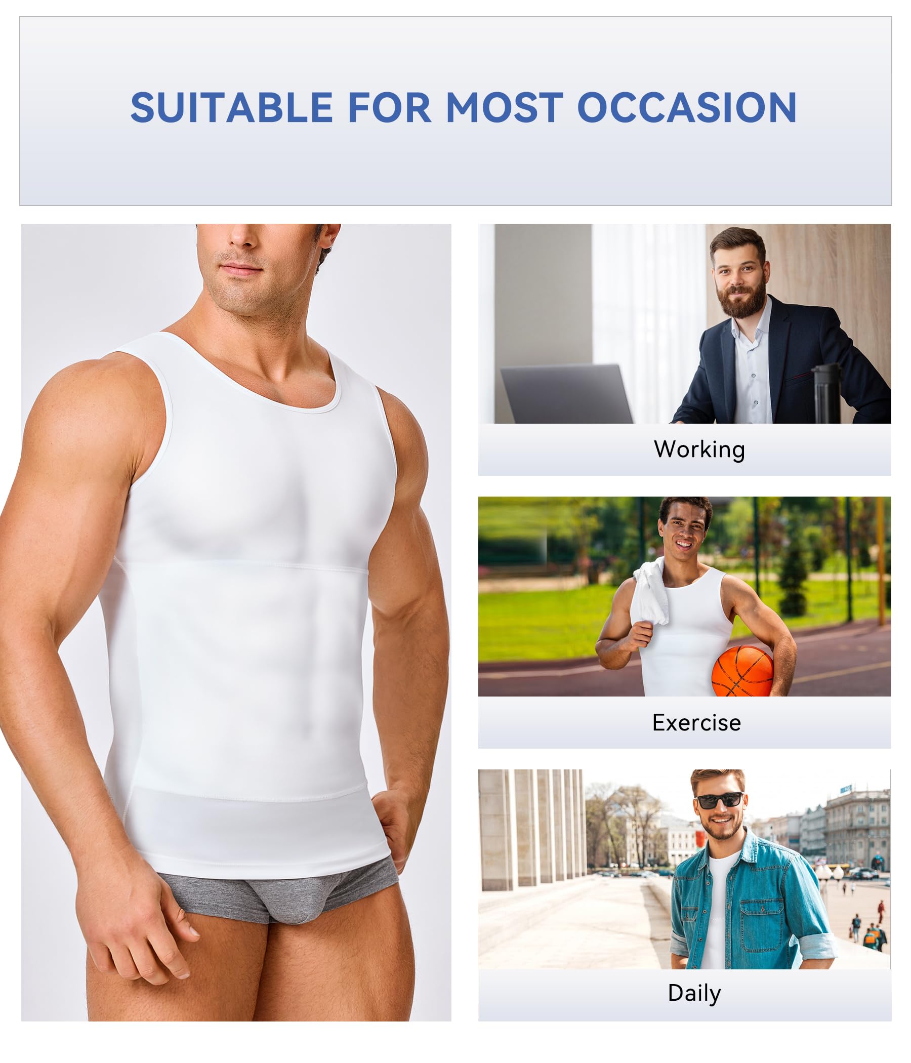 Mens Compression Shirt Workout Tank Tops Slimming Body Shaper Vest Abs Abdomen Undershirts (White, Small)