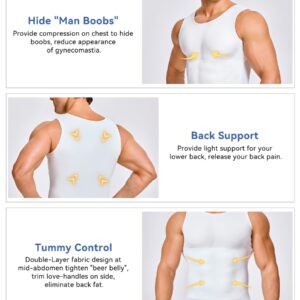 Mens Compression Shirt Workout Tank Tops Slimming Body Shaper Vest Abs Abdomen Undershirts (White, Small)