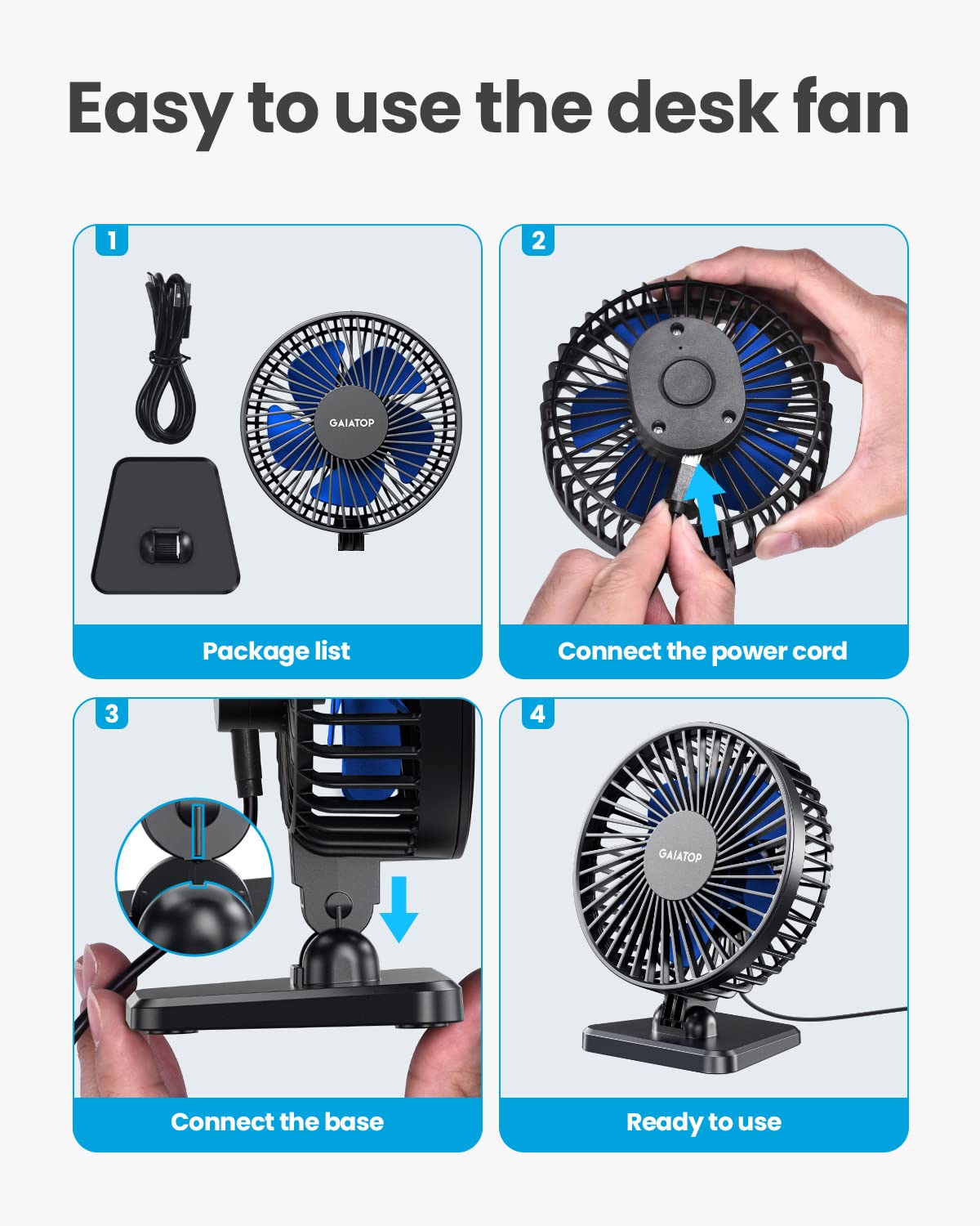 Gaiatop USB Desk Fan, Small But Powerful, Portable Quiet 3 Speeds Wind Desktop Personal Fan, Adjustment Mini Fan Table Fan for Better Cooling, Home Office Car Indoor Outdoor(Blue)