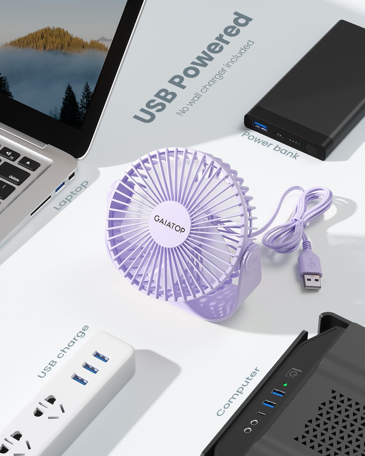 Gaiatop USB Desk Fan, 3 Speeds Portable Small Fan with Strong Airflow, 5.5 Inch Quiet Table Fan, 90° Rotate Personal Cooling Fan For Bedroom Home Office Desktop Travel (Purple)