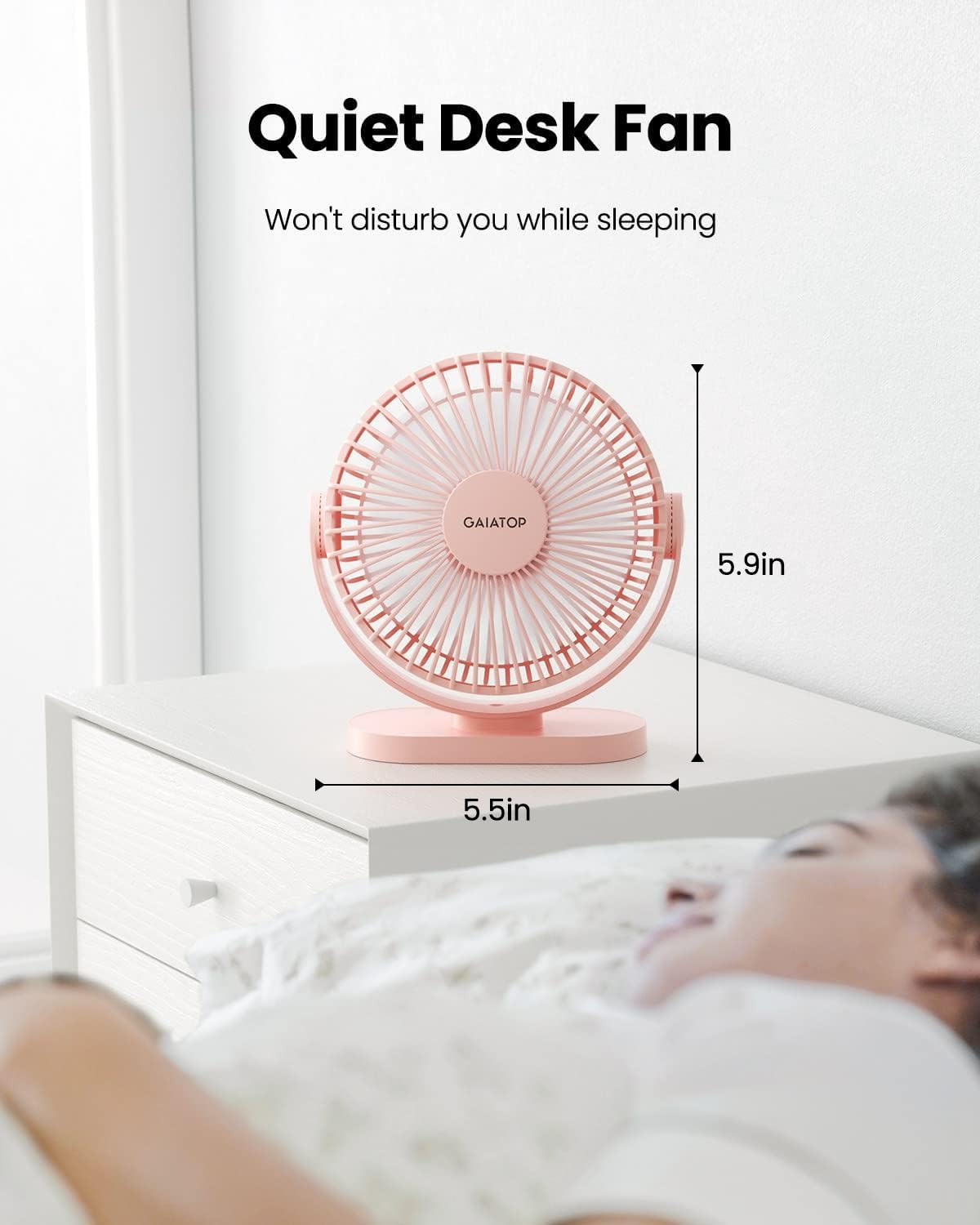 Gaiatop USB Desk Fan, 3 Speeds Powerful Portable Fan, 5.5 Inch Quiet Cooling Mini Fan, 90° Rotate Small Table Fan with 5ft Cable Personal Fan for Desktop Home Office Travel Pink