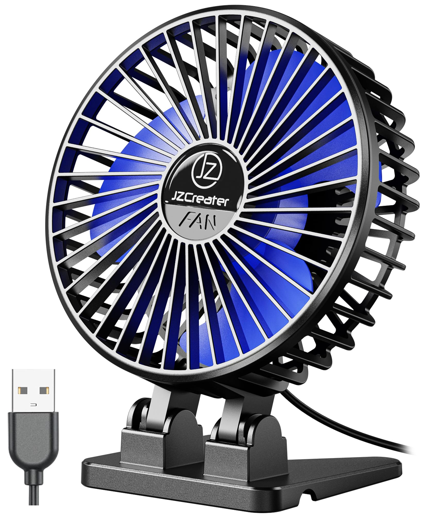 JZCreater USB Desk Fan, Mini Fan Portable, 3 Speeds Desktop Table Cooling Fan, Plug in Power Fan, Rotation Strong Wind, Quiet Personal Small Fan for Home Desktop Office Travel Bedroom, Black Blue