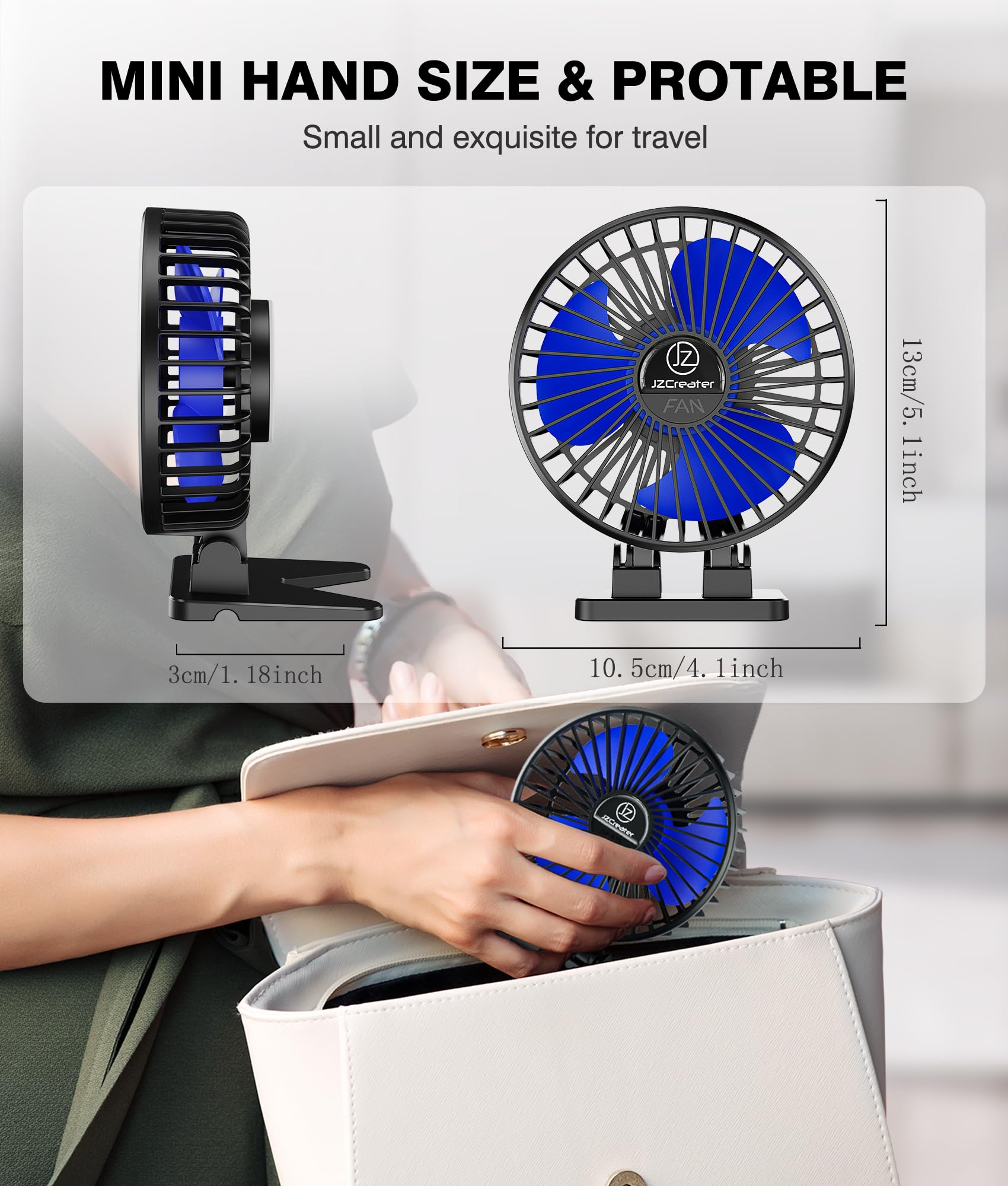 JZCreater USB Desk Fan, Mini Fan Portable, 3 Speeds Desktop Table Cooling Fan, Plug in Power Fan, Rotation Strong Wind, Quiet Personal Small Fan for Home Desktop Office Travel Bedroom, Black Blue