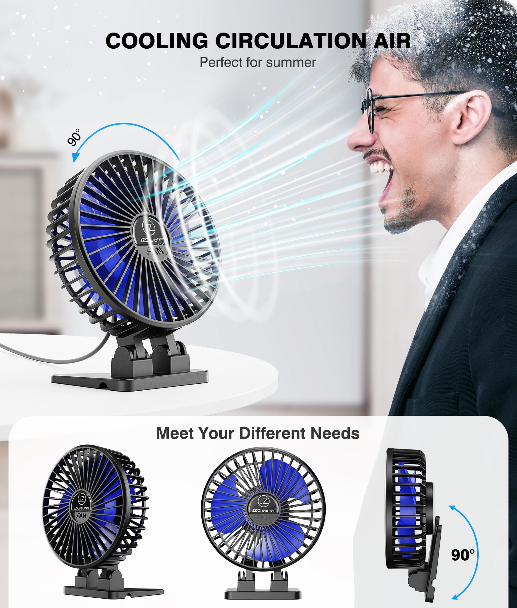 JZCreater USB Desk Fan, Mini Fan Portable, 3 Speeds Desktop Table Cooling Fan, Plug in Power Fan, Rotation Strong Wind, Quiet Personal Small Fan for Home Desktop Office Travel Bedroom, Black Blue