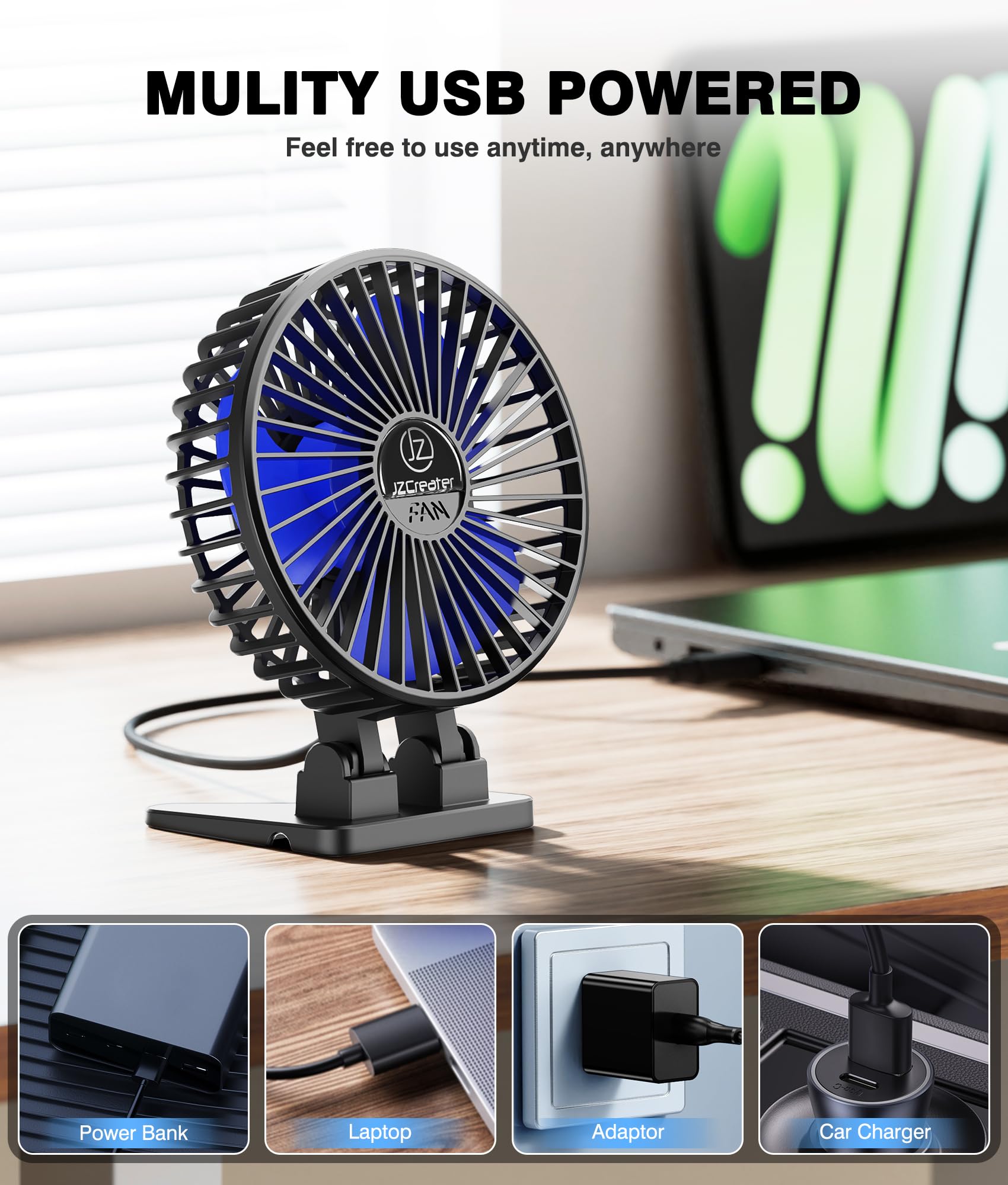 JZCreater USB Desk Fan, Mini Fan Portable, 3 Speeds Desktop Table Cooling Fan, Plug in Power Fan, Rotation Strong Wind, Quiet Personal Small Fan for Home Desktop Office Travel Bedroom, Black Blue