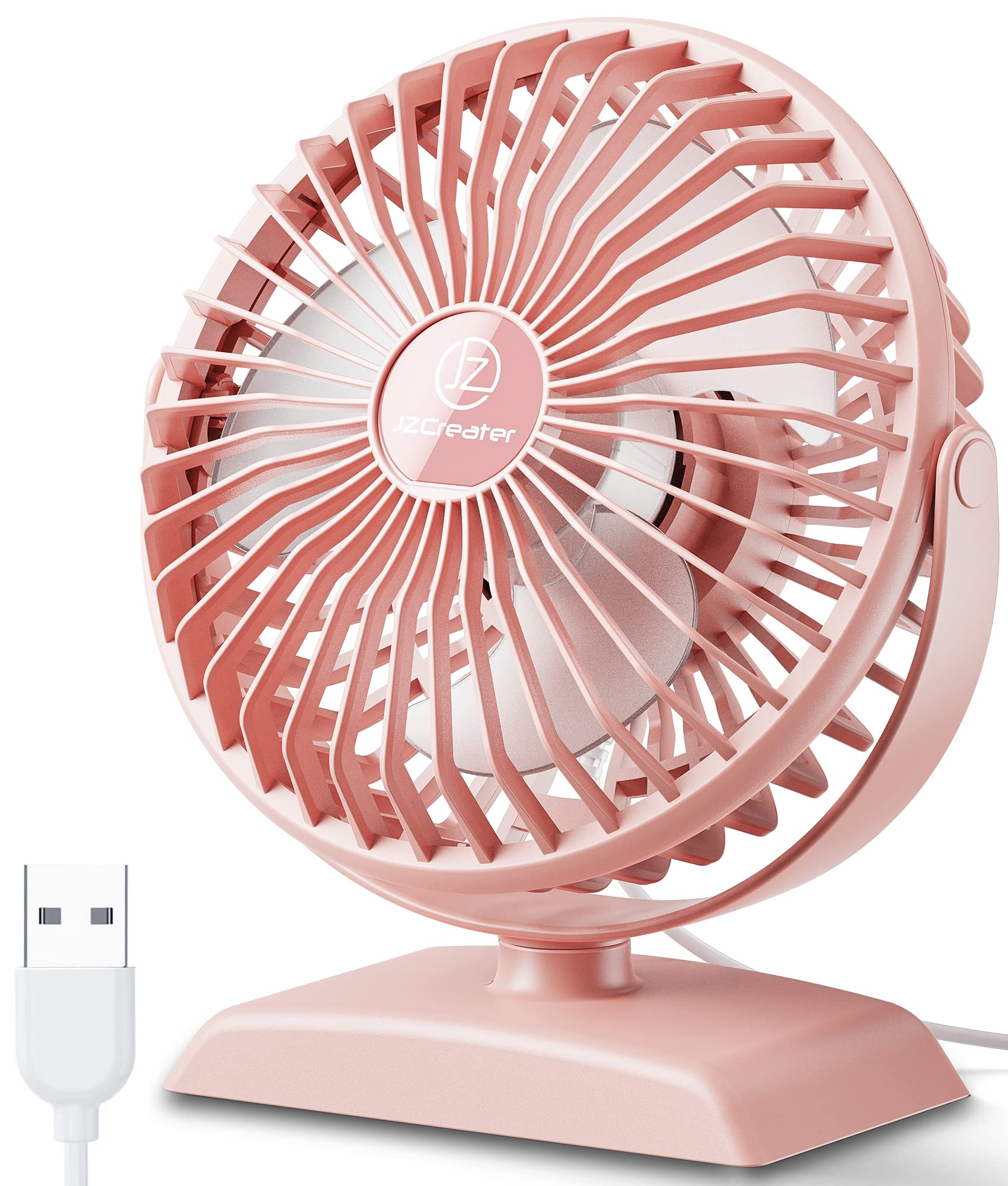 JZCreater USB Desk Fan, USB Fan Mini, 360 Rotation Desktop Fan with 3 Speed, Table Personal Cooling Fan, Quiet Mini Desk Fan, USB Powered, Small Fan for Home Office Bedroom Car Travel, Pink