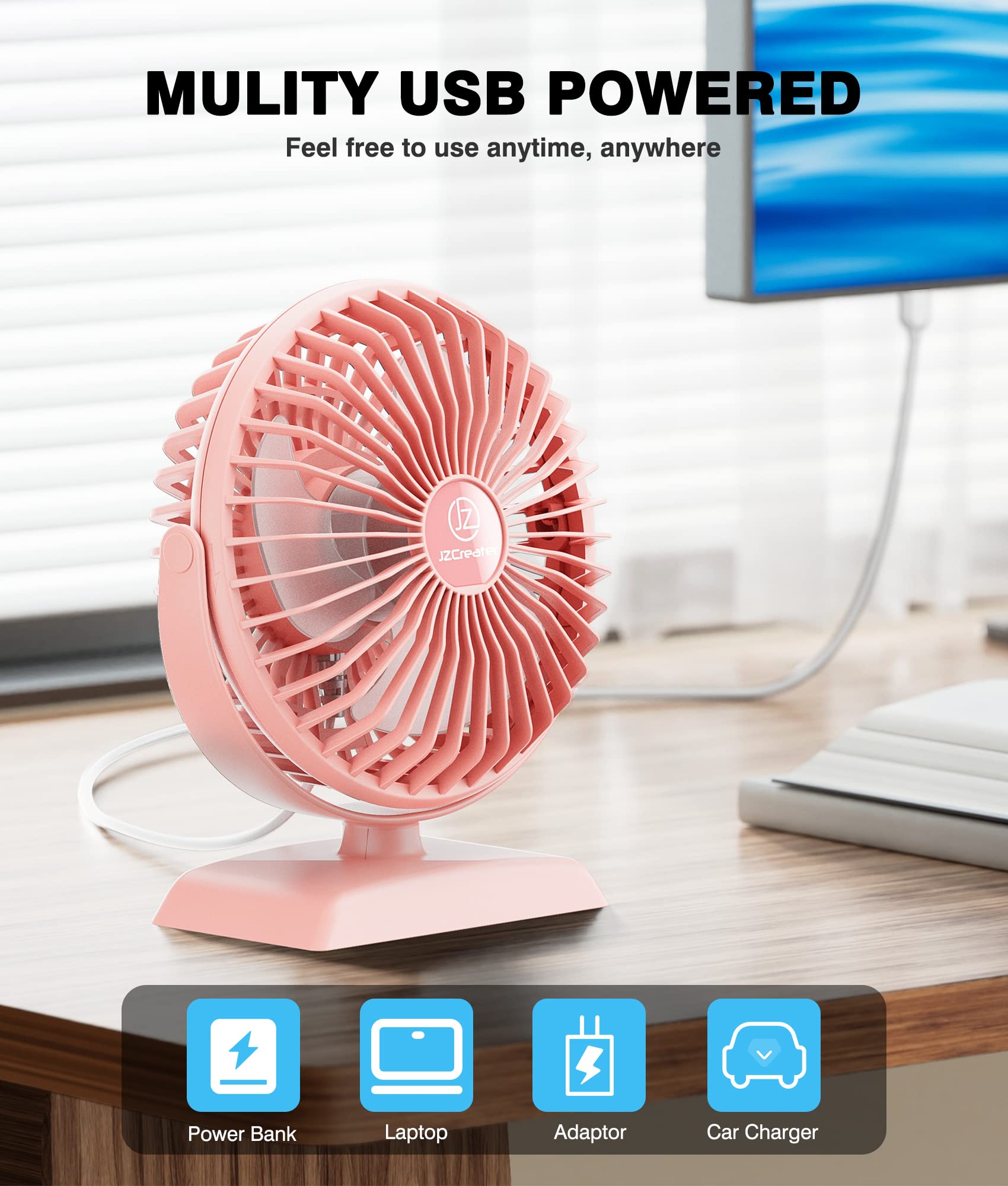 JZCreater USB Desk Fan, USB Fan Mini, 360 Rotation Desktop Fan with 3 Speed, Table Personal Cooling Fan, Quiet Mini Desk Fan, USB Powered, Small Fan for Home Office Bedroom Car Travel, Pink