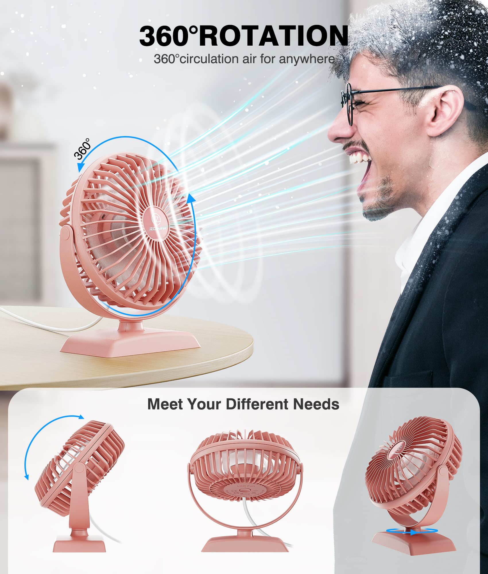 JZCreater USB Desk Fan, USB Fan Mini, 360 Rotation Desktop Fan with 3 Speed, Table Personal Cooling Fan, Quiet Mini Desk Fan, USB Powered, Small Fan for Home Office Bedroom Car Travel, Pink