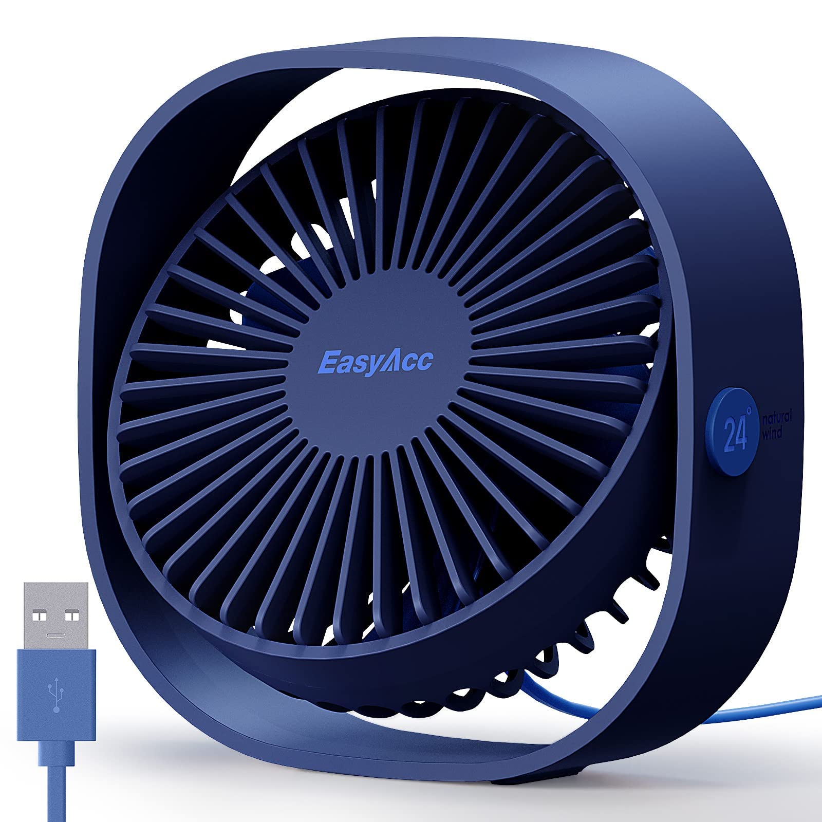 EasyAcc USB Desk Fan, 3 Speeds USB Fan [Lower Noise USB Powered ONLY&Powerful Desk Fan] USB Portable Powered Fan, 360°Rotatable Personal Table Fan Travel Fan for Desk Home Bedroom Office（No Battery）