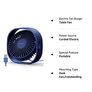 EasyAcc USB Desk Fan, 3 Speeds USB Fan [Lower Noise USB Powered ONLY&Powerful Desk Fan] USB Portable Powered Fan, 360°Rotatable Personal Table Fan Travel Fan for Desk Home Bedroom Office（No Battery）