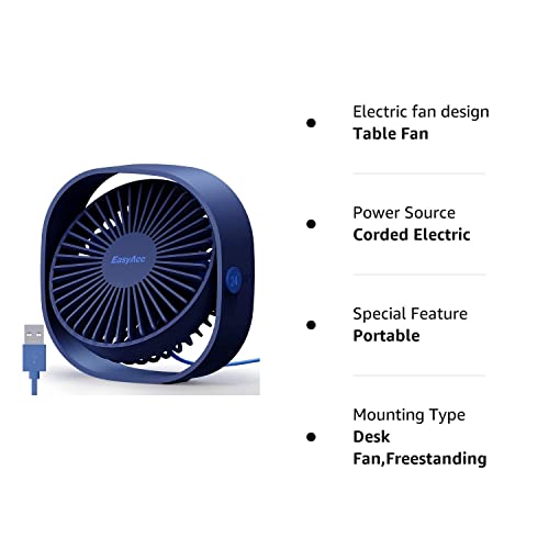 EasyAcc USB Desk Fan, 3 Speeds USB Fan [Lower Noise USB Powered ONLY&Powerful Desk Fan] USB Portable Powered Fan, 360°Rotatable Personal Table Fan Travel Fan for Desk Home Bedroom Office（No Battery）