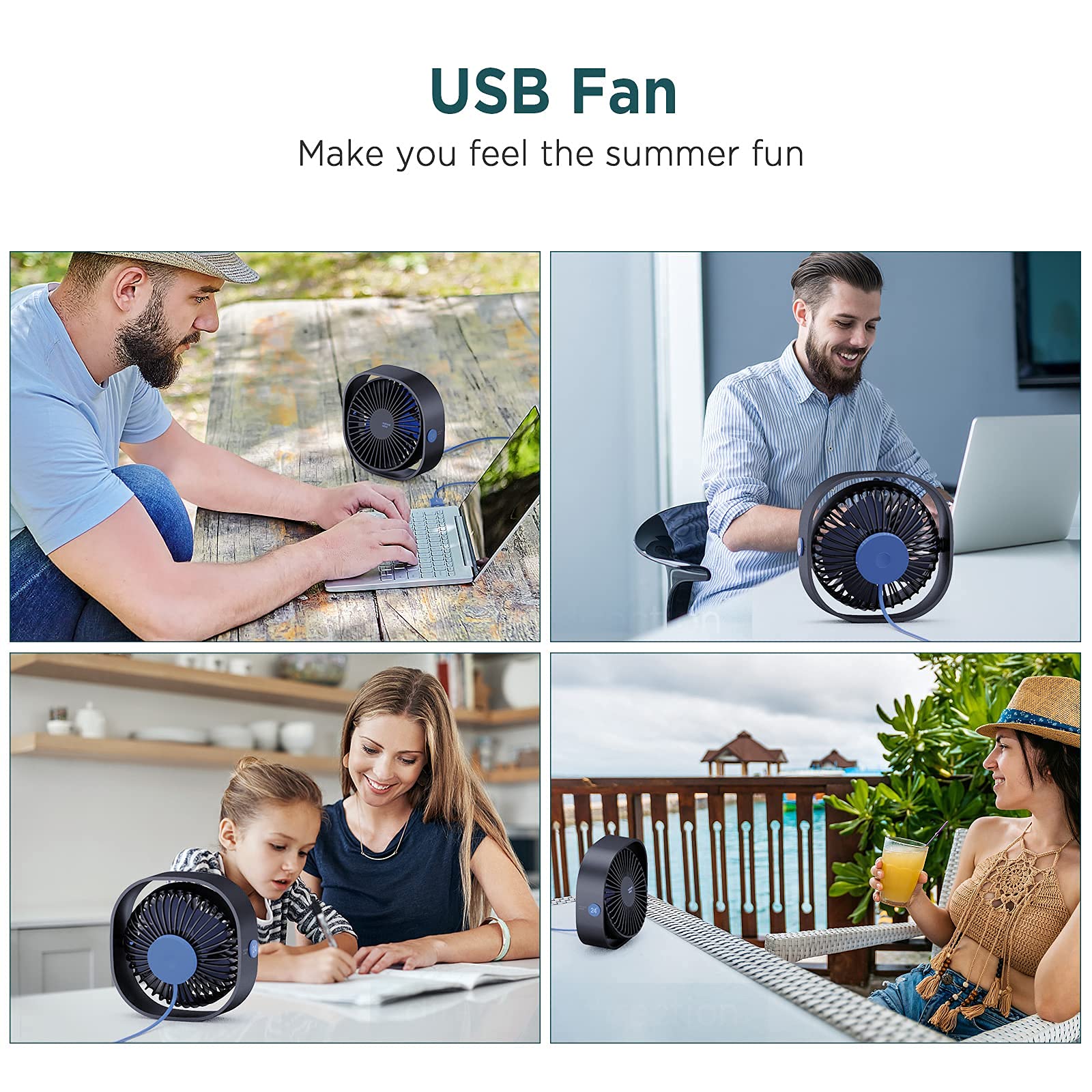 EasyAcc USB Desk Fan, 3 Speeds USB Fan [Lower Noise USB Powered ONLY&Powerful Desk Fan] USB Portable Powered Fan, 360°Rotatable Personal Table Fan Travel Fan for Desk Home Bedroom Office（No Battery）