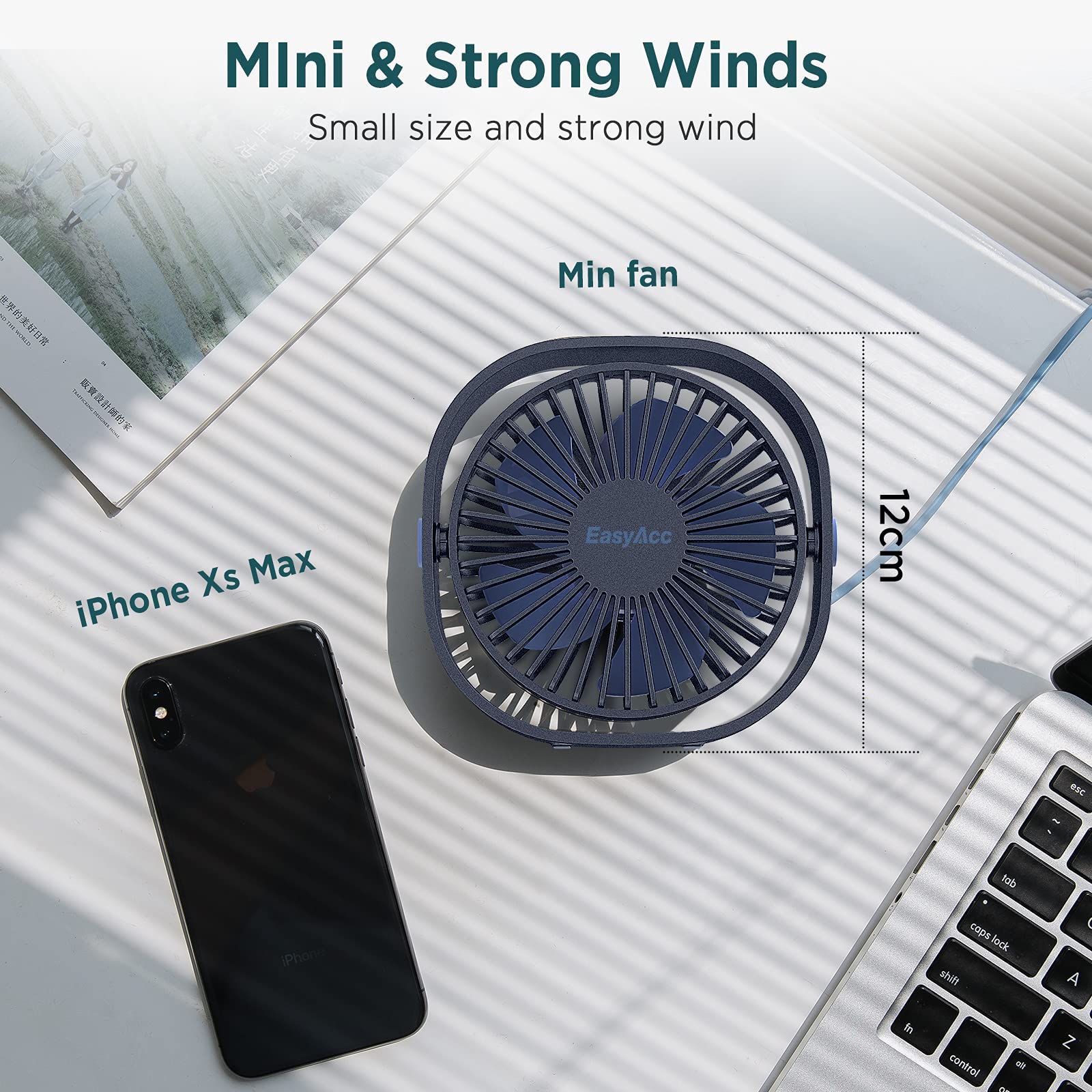 EasyAcc USB Desk Fan, 3 Speeds USB Fan [Lower Noise USB Powered ONLY&Powerful Desk Fan] USB Portable Powered Fan, 360°Rotatable Personal Table Fan Travel Fan for Desk Home Bedroom Office（No Battery）